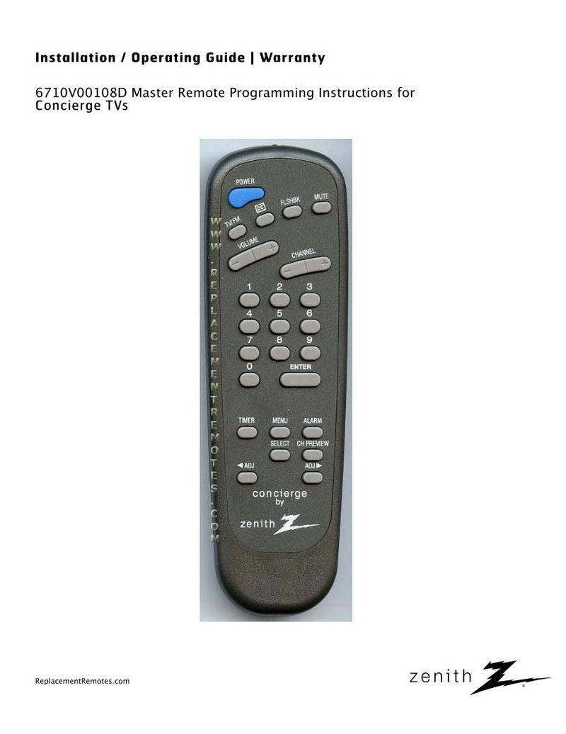 Zenith Universal Remote Instruction