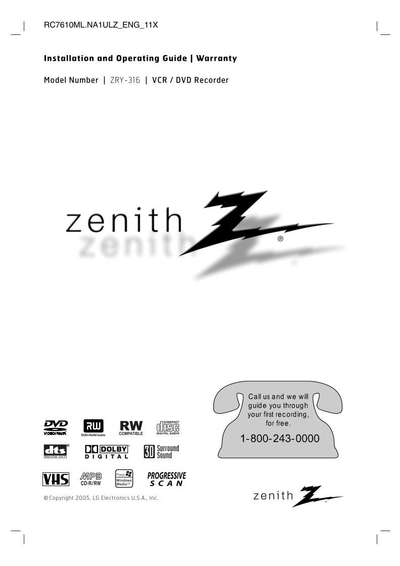 Zenith ZRY316 DVD/VCR Combo Player Operating Manual – Manuali