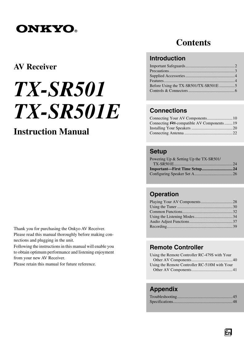 Onkyo TXSR501 Audio/Video Receiver Operating Manual – Manuali