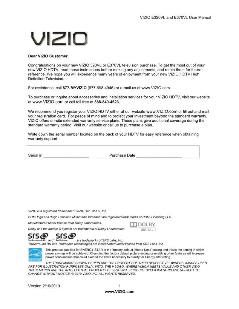 Vizio E320VL E370VL TV Operating Manual – Manuali