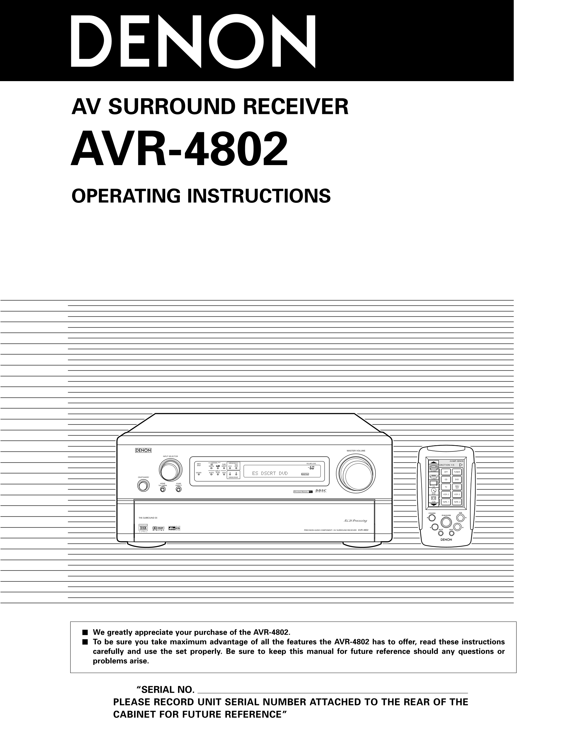 Denon AVR-4802 AV Receiver Owner's/ User Manual (Pages: 72) – Manuali