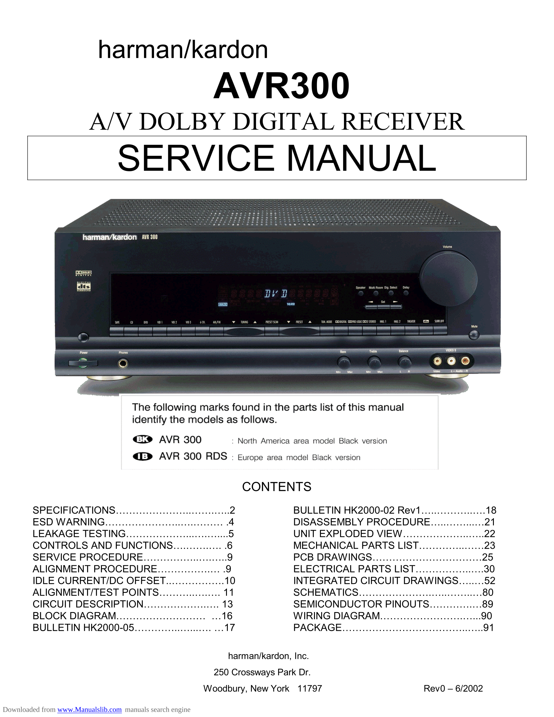 Harman/ Kardon AVR300 AV Receiver Service Manual (Pages: 91) – Manuali