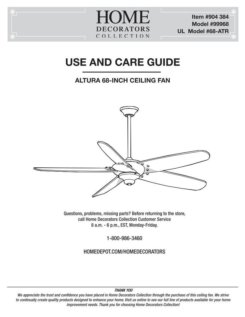 Home Decorators Collection Altura 68 inch Ceiling Fan Operating Manual ...