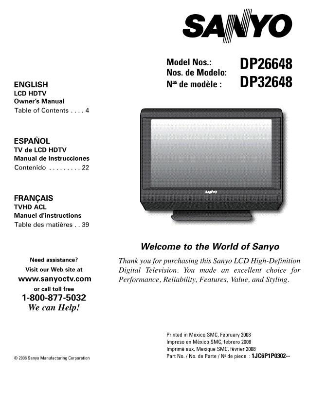 Sanyo DP26648 DP32648 TV Operating Manual – Manuali