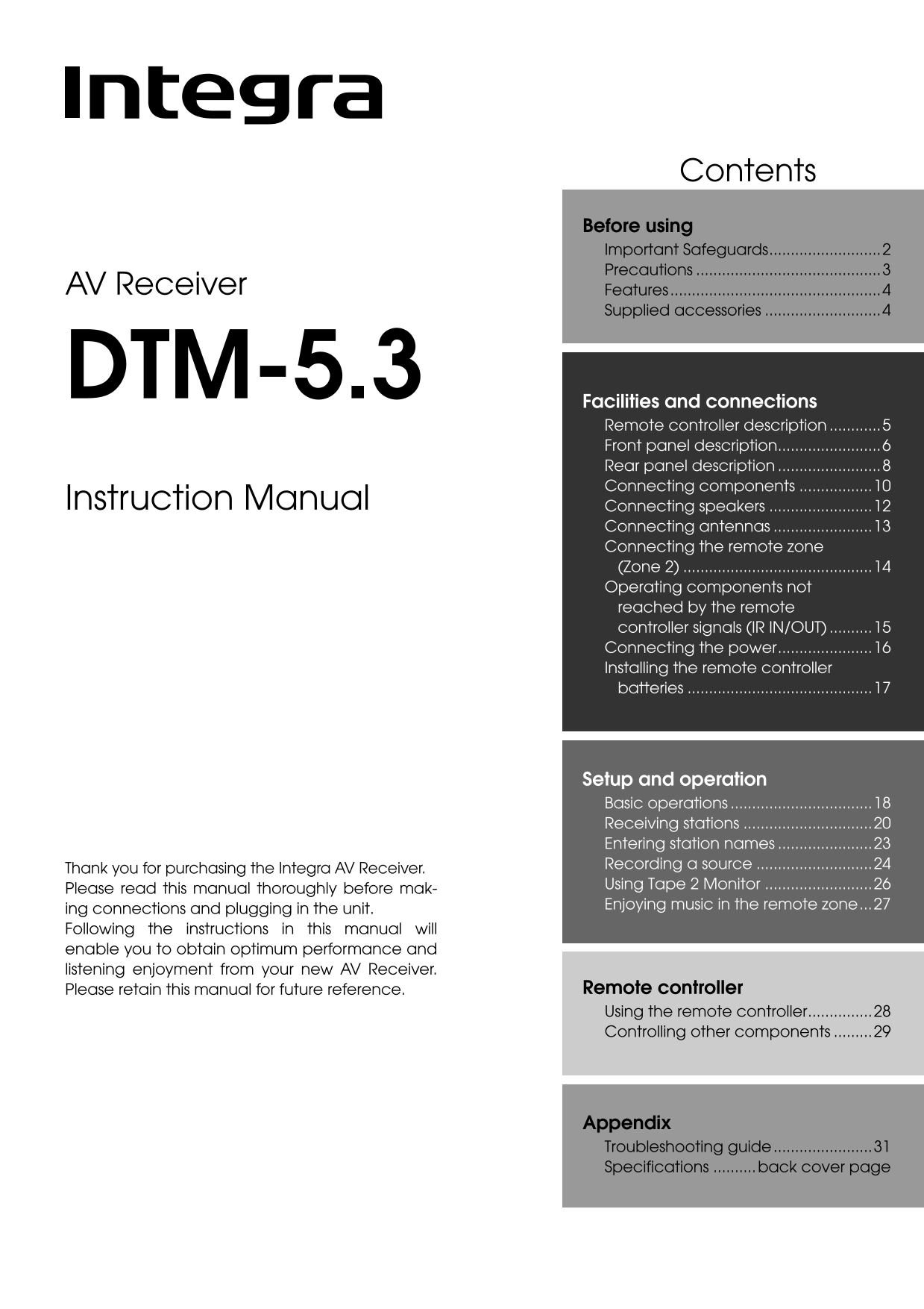 Integra DTM-5.3 AV Receiver Owner's/ User Manual (Pages: 32) – Manuali