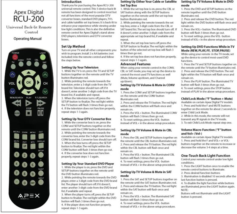 Apex RCU200 APEXOM Universal Remote Control Operating Manual – Manuali