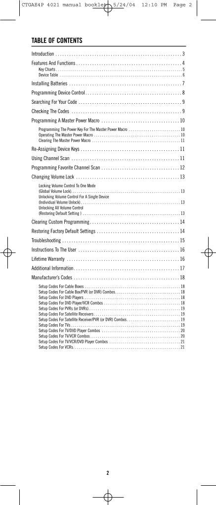 One For All URC4021 & Codes Universal Remote Control Operating Manual ...