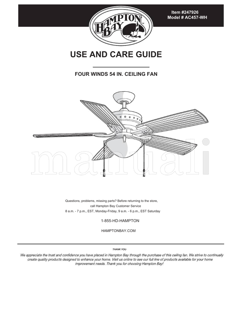 Hampton Bay AC457-WH (19 pages) Ceiling Fan Operating Manual – Manuali