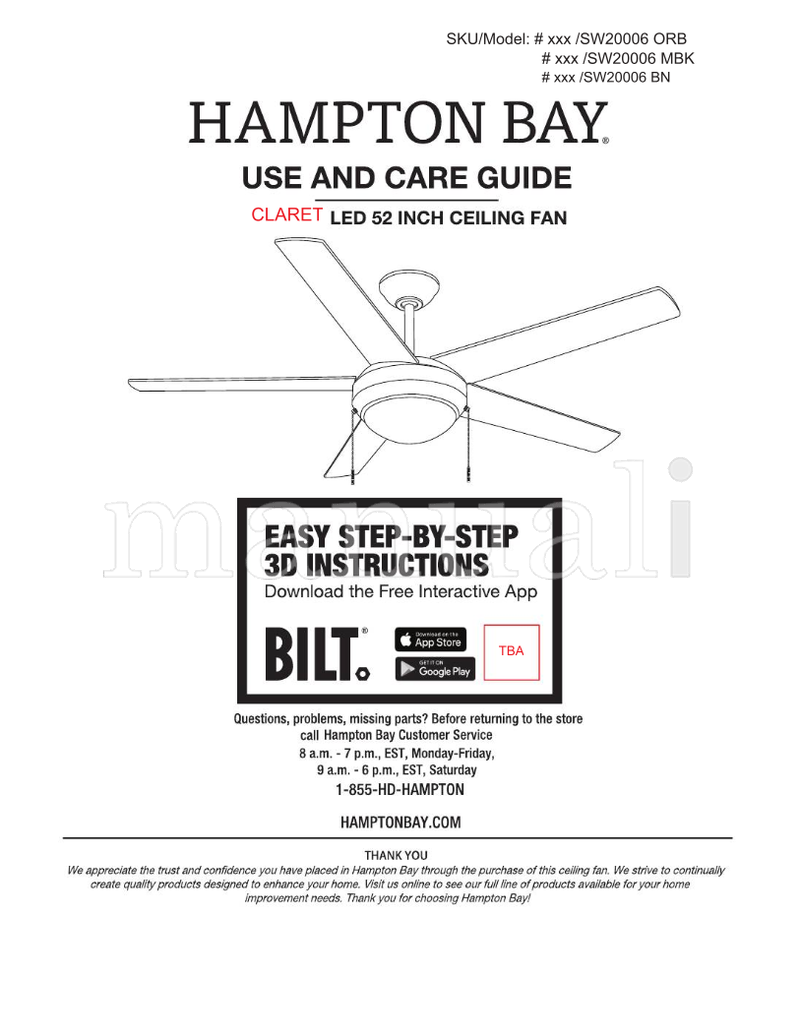 Hampton Bay HAMPTON BAY CLARET (18 pages) Ceiling Fan Operating Manual ...