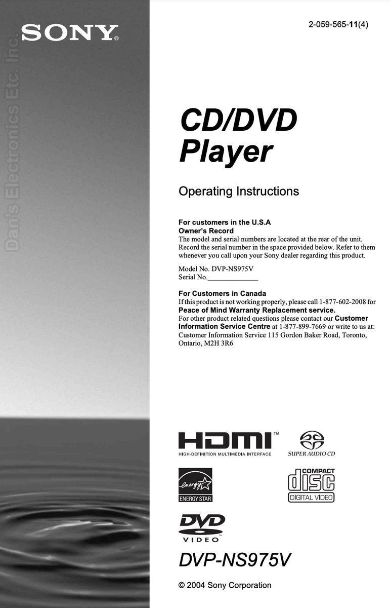Sony DVPNS975V DVD Player Operating Manual – Manuali